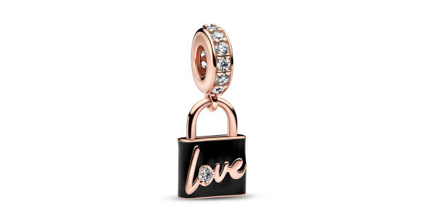 Talisman Pandantiv Lacat Placare Aur Roz 14K CZ Negru Email PANDORA